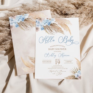 EDITABLE Blue Pampas Grass Baby Shower Invitation Boy Boho Baby Shower ...