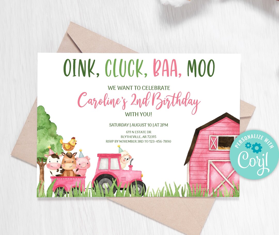 Editable Farm Birthday Invitation Pink Farm Animals Birthday Invitation ...
