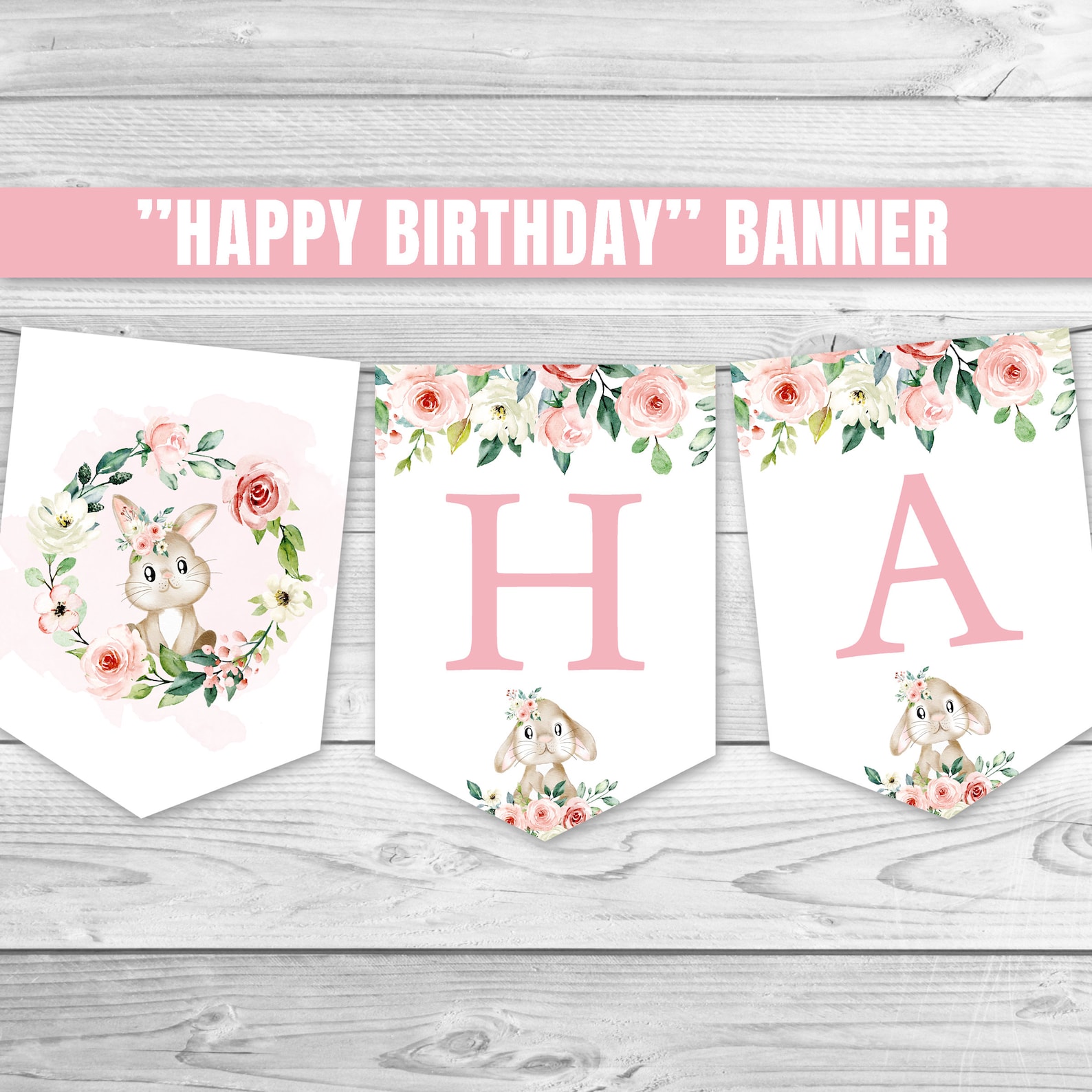 Bunny Happy Birthday Banner Girl Bunny Birthday Banner Pink - Etsy