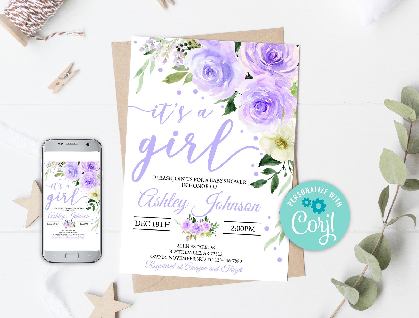 EDITABLE Purple Baby Shower Set. Purple Baby Shower Invitation | Etsy
