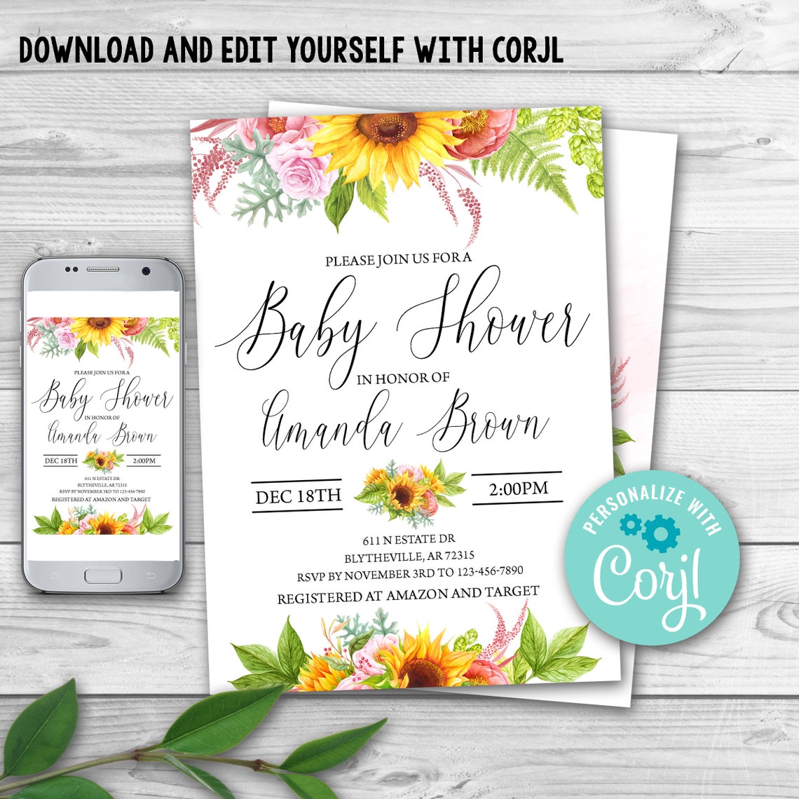 Editable Sunflower Baby Shower Invitation Set Rustic Sunflower - Etsy