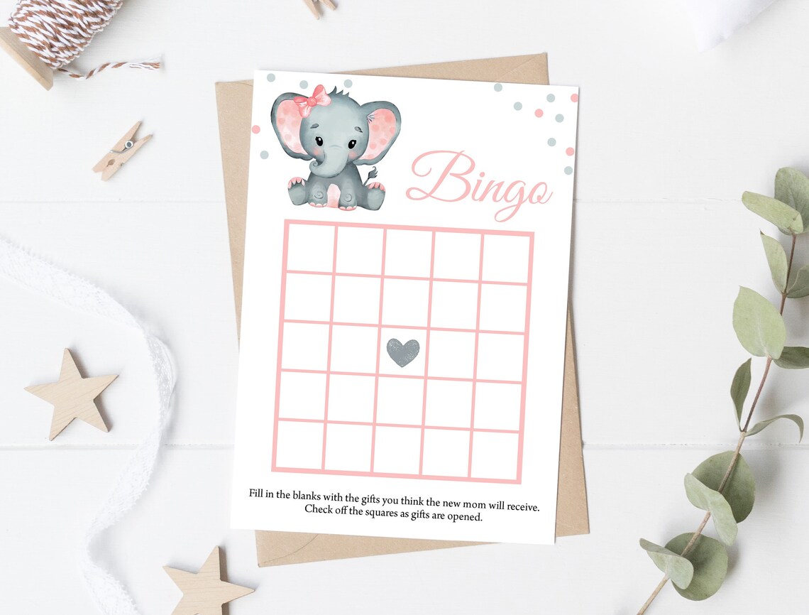 Pink Elephant Baby Bingo Baby Shower Game Girl Elephant Bingo Baby ...