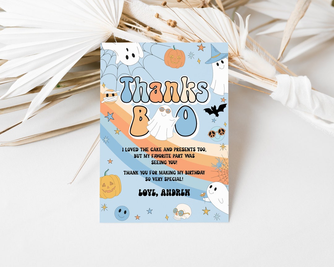 Editable Spooky Halloween Thank You Card Blue Retro Groovy Rainbow ...