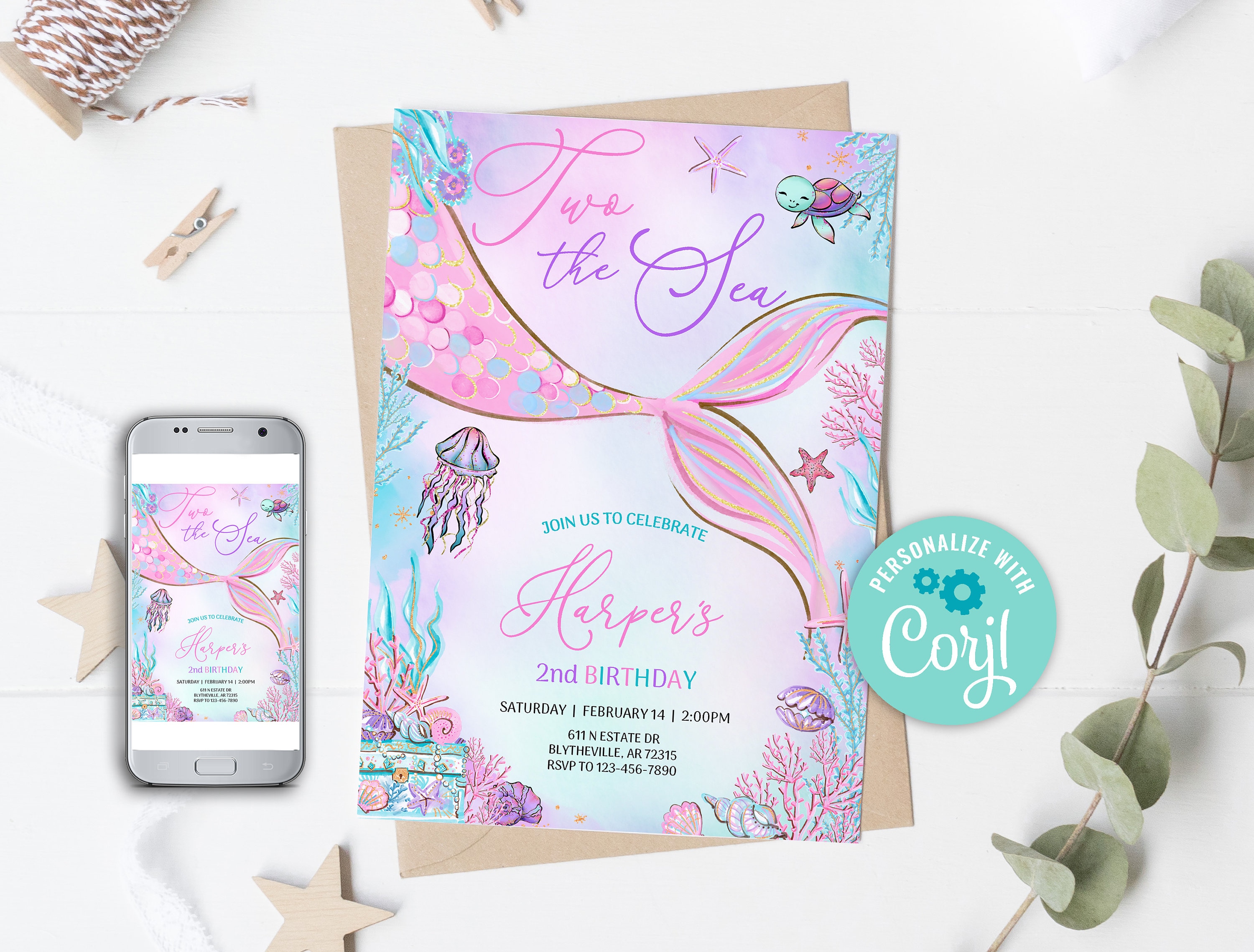 Editable Mermaid Birthday Invitation Mermaid TWO the Sea - Etsy