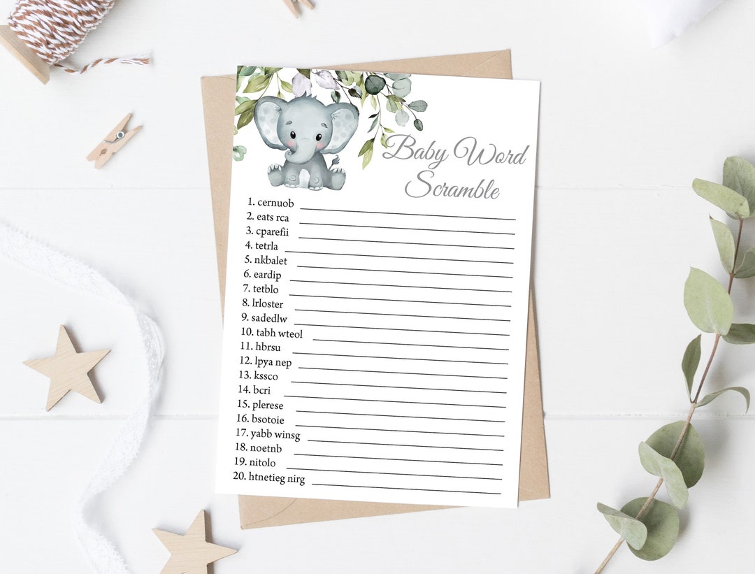 Grey Elephant Word Scramble Baby Shower Game Gender Neutral Elephant ...