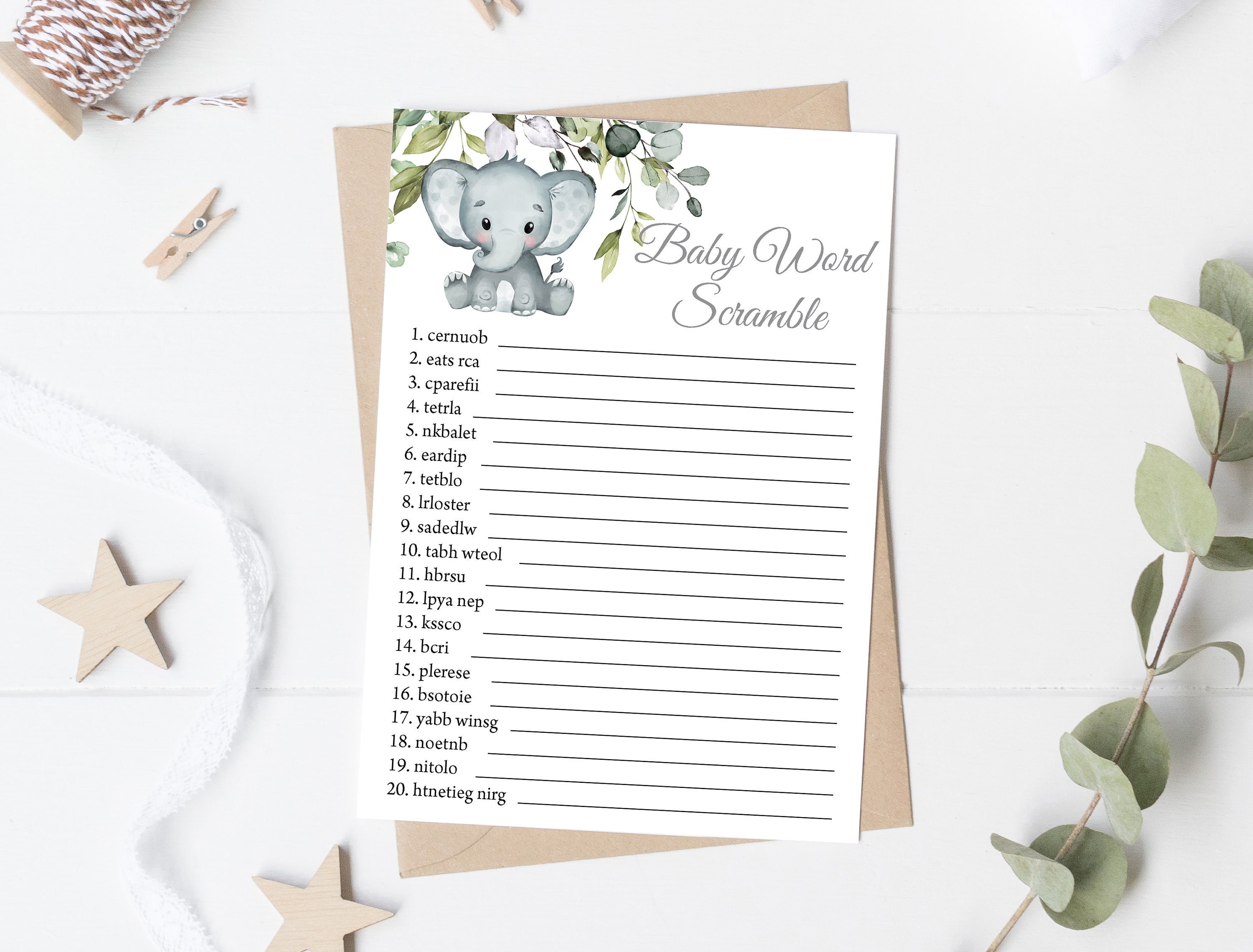 Grey Elephant Word Scramble Baby Shower Game Gender Neutral Elephant ...