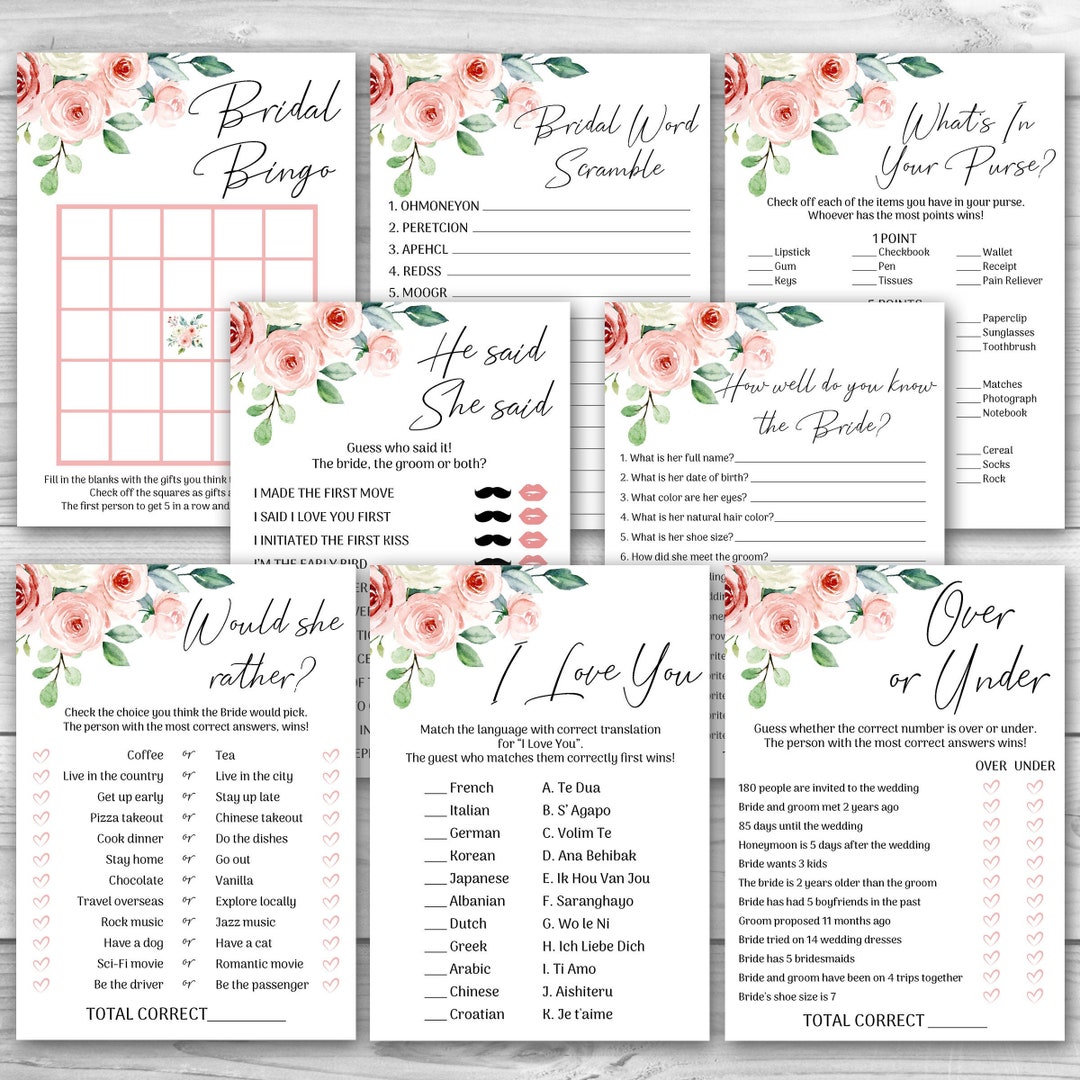 Blush Floral Bridal Shower Game Bundle Pink Floral Bridal Shower Game ...
