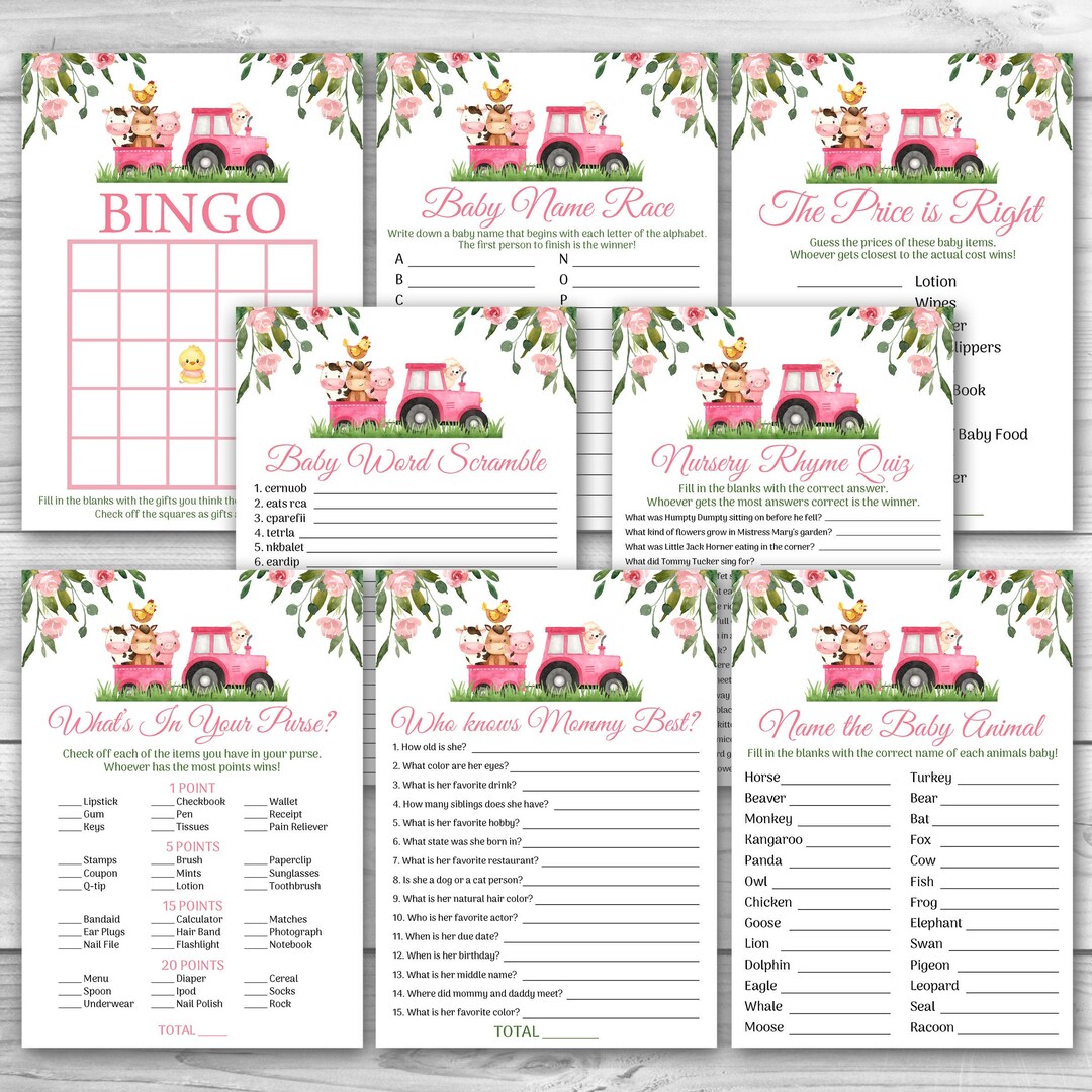 Pink Farm Baby Shower Game Package 8 Printable Girl Farm Animals Baby ...