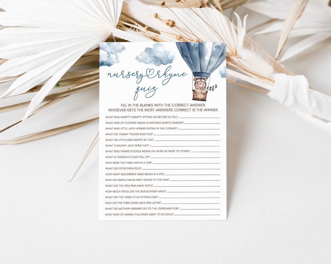 Bear Hot Air Balloon Nursery Rhyme Quiz Baby Shower Game Boy Bear We ...