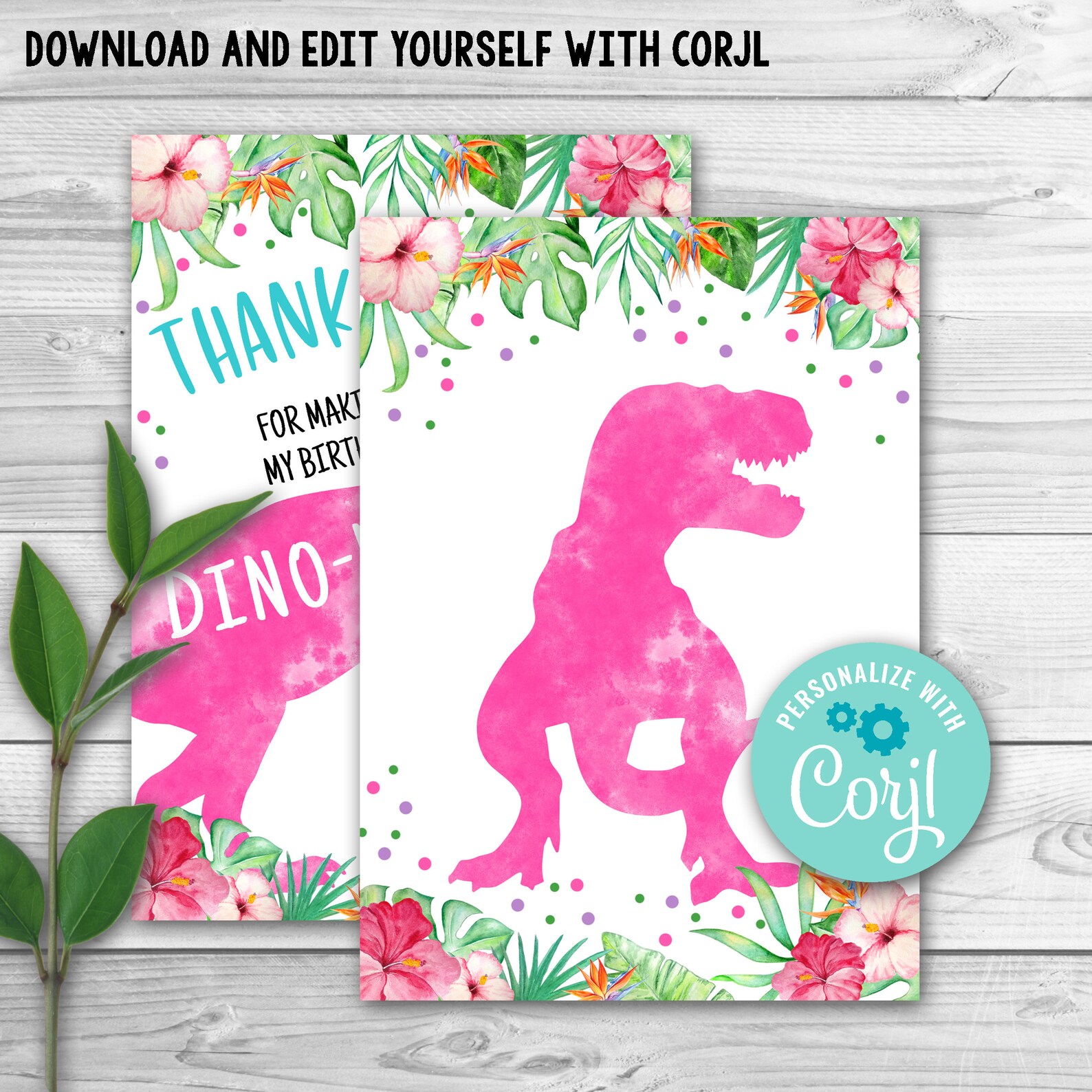 EDITABLE Watercolor Dinosaur Thank You Card Girl Dinosaur Birthday ...