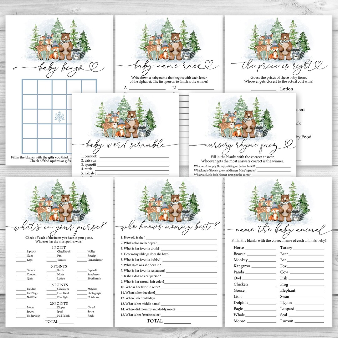 Winter Woodland Animals Baby Shower Game Package 8 Printable Winter ...