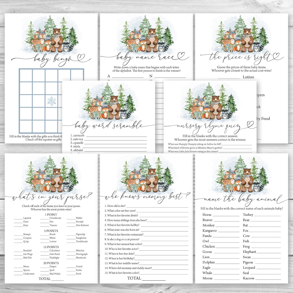 Winter Woodland Animals Baby Shower Game Package 8 Printable - Etsy