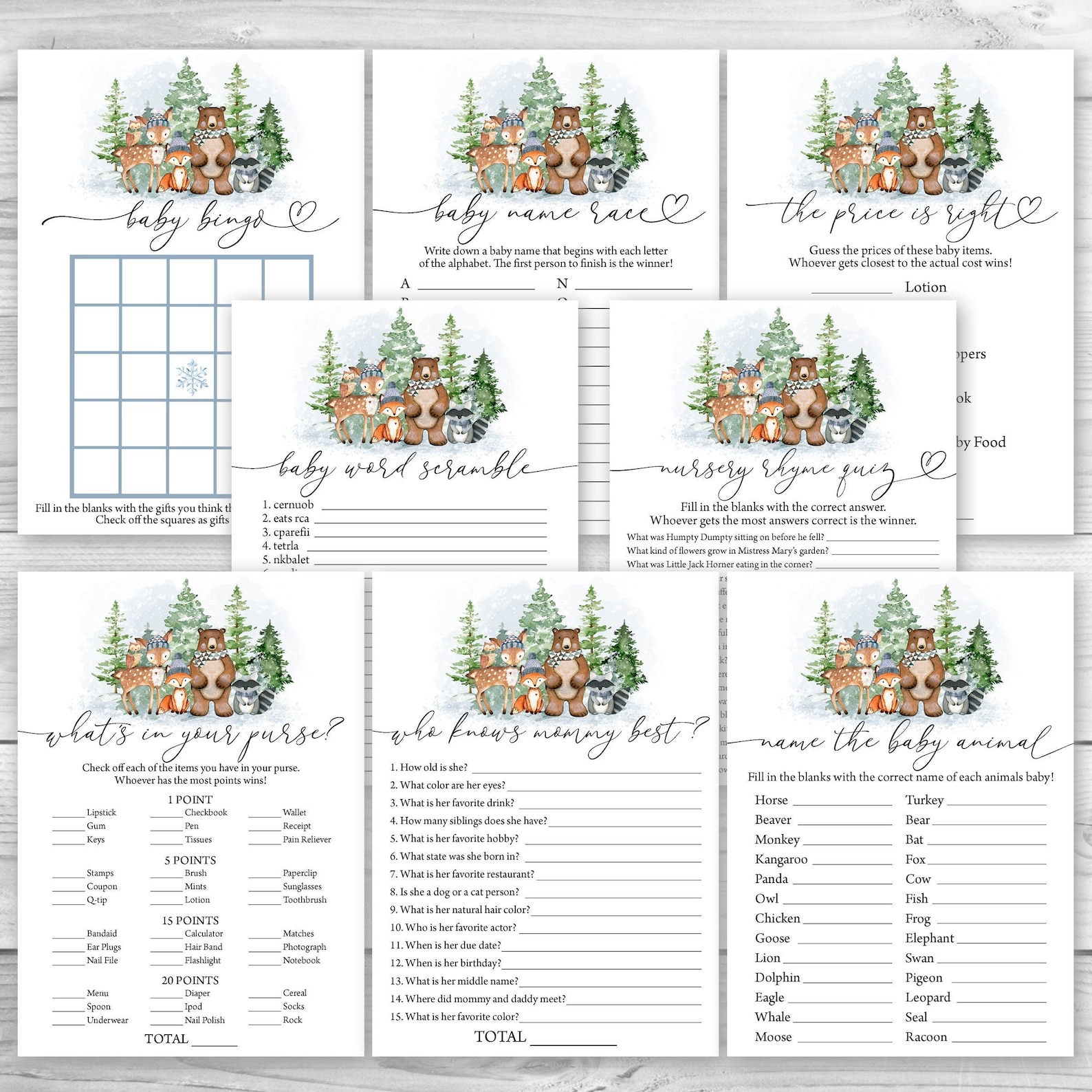 Winter Woodland Animals Baby Shower Game Package 8 Printable Winter ...