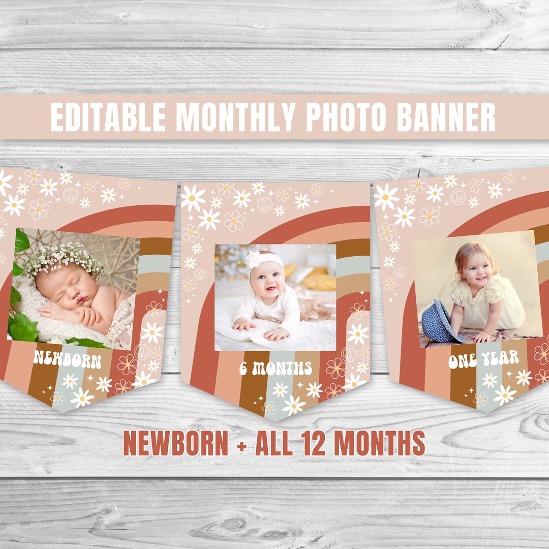 Editable Groovy Birthday Monthly Photo Banner Groovy One 1st Birthday ...