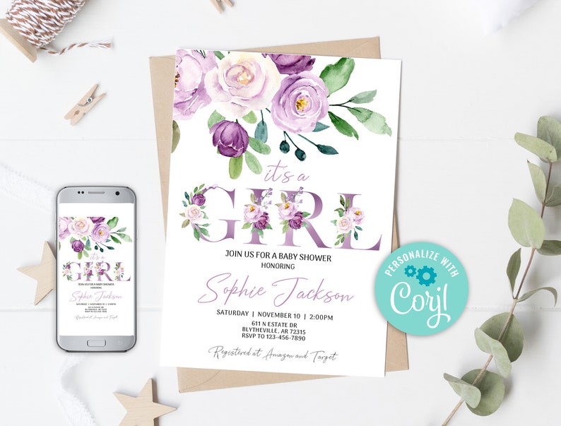 EDITABLE Purple Floral Baby Shower Set Lilac Baby Shower | Etsy