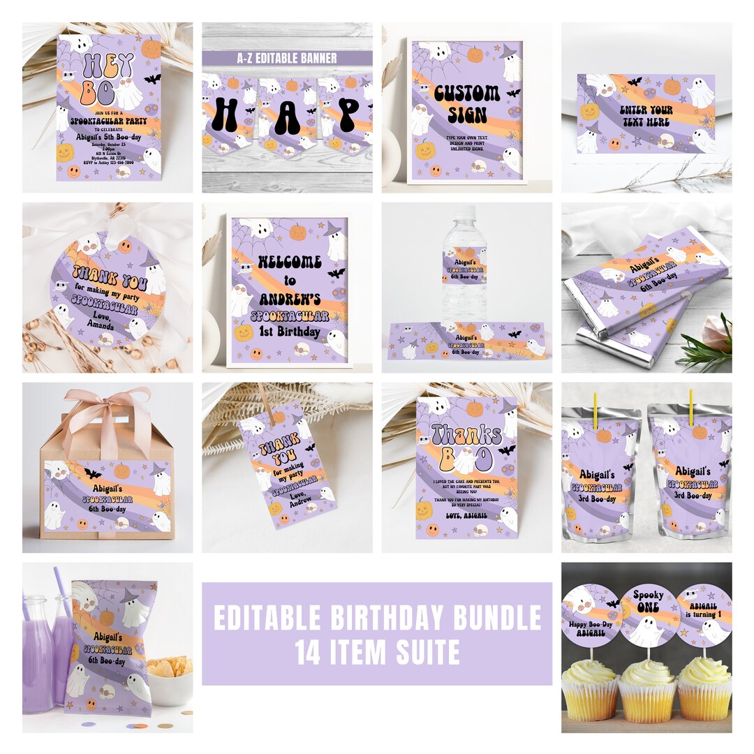 EDITABLE Halloween Birthday Invitation and Bundle Retro Groovy Ghost ...