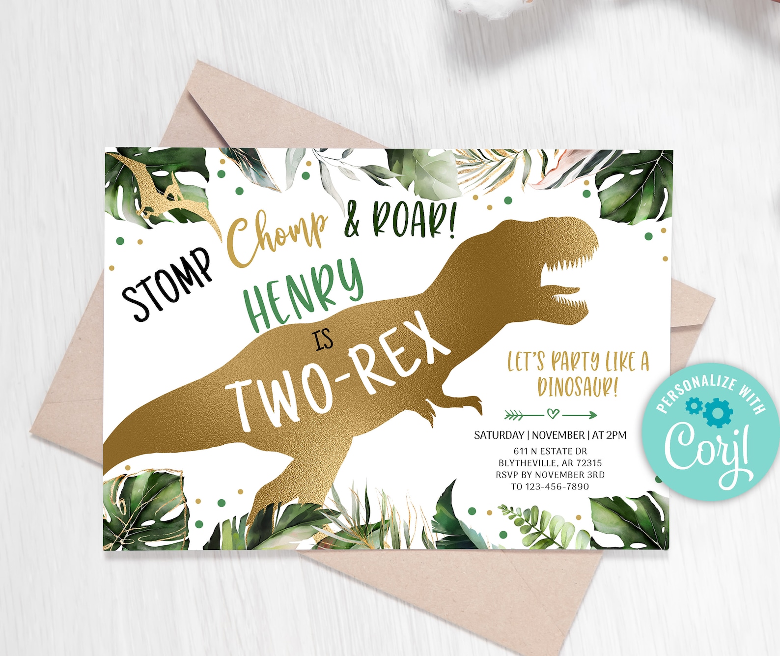 EDITABLE Two-rex Dinosaur Birthday Invitation, Dino T-rex Invitation ...