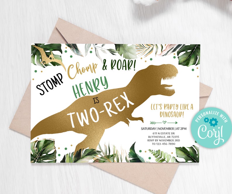 EDITABLE Two-rex Dinosaur Birthday Invitation Dino T-rex | Etsy