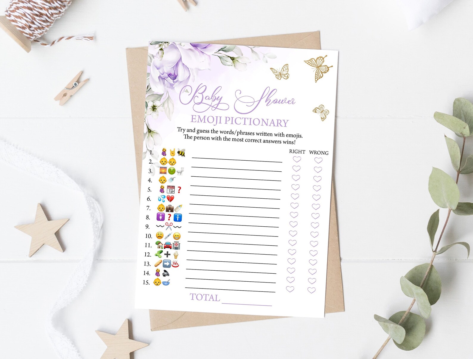 Butterfly Emoji Pictionary Baby Shower Game Purple Floral | Etsy