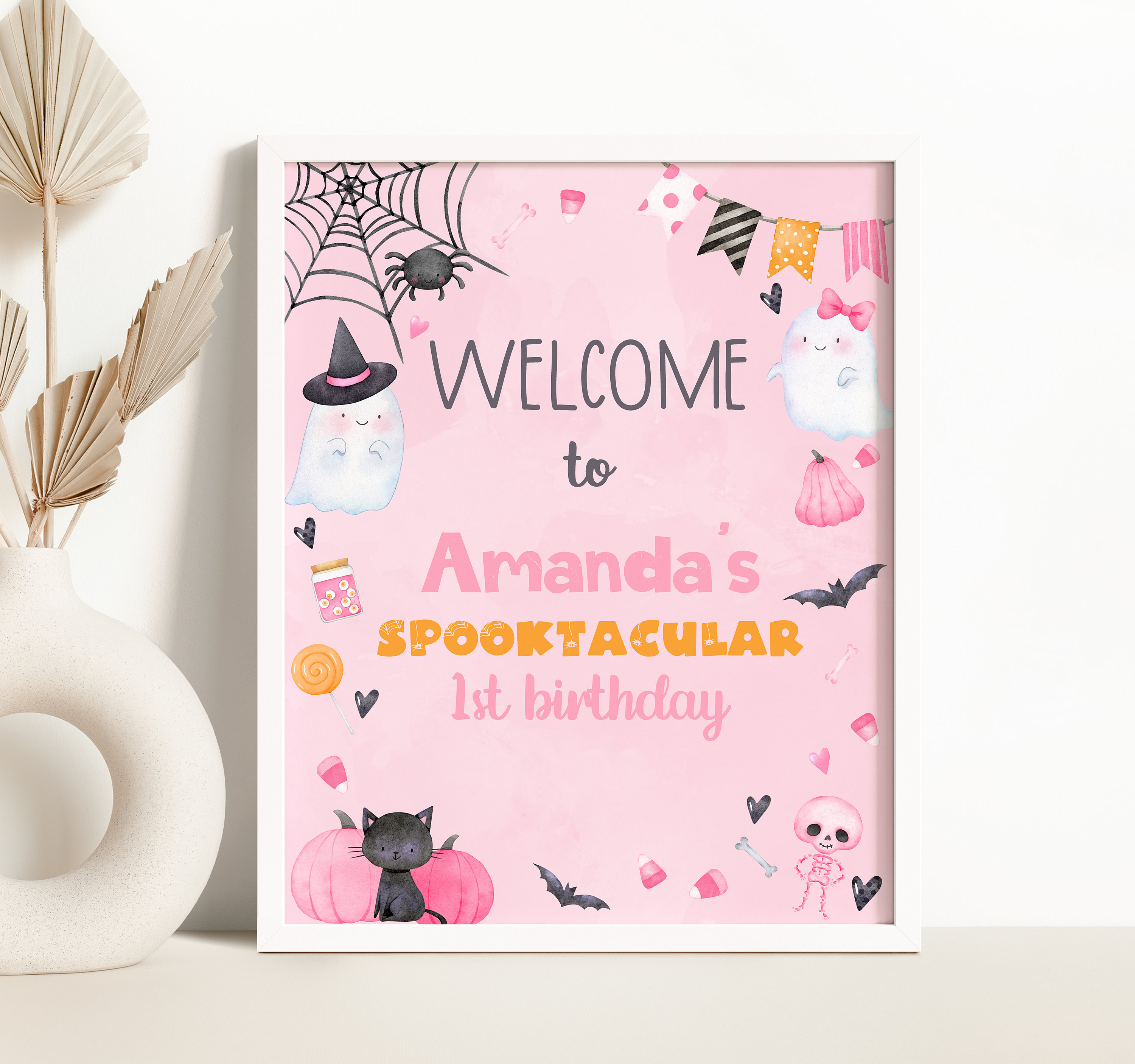 Editable Pink Halloween Ghost Birthday Welcome Sign Spooktacular ...