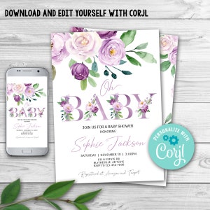 EDITABLE Purple Floral Baby Shower Set, Lilac Baby Shower Invitation ...