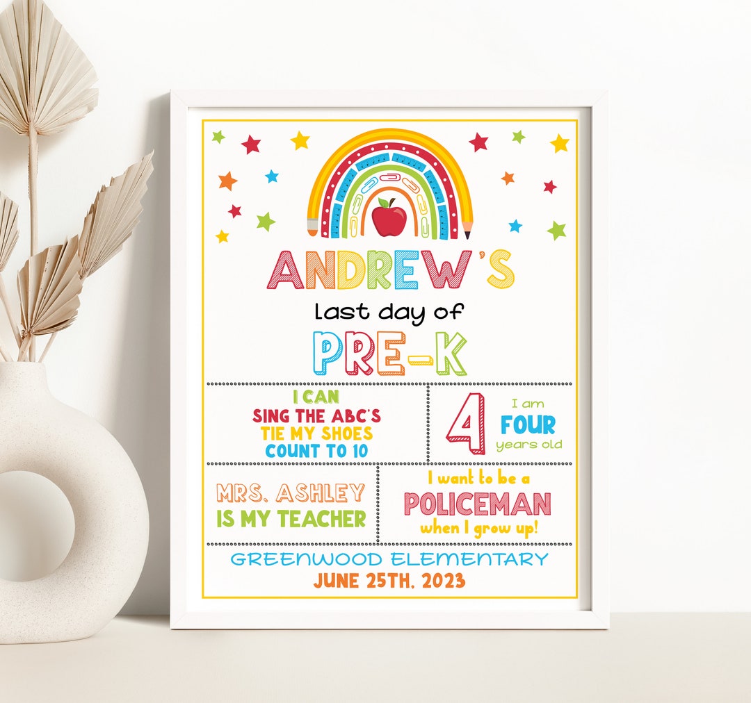Editable Last Day of Pre-k Sign Personalized School Supply Rainbow Last ...