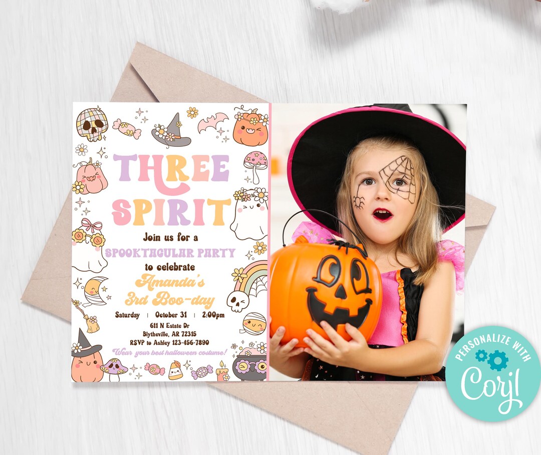 Editable Three Spirit Halloween Invitation Girly Retro Groovy Rainbow ...