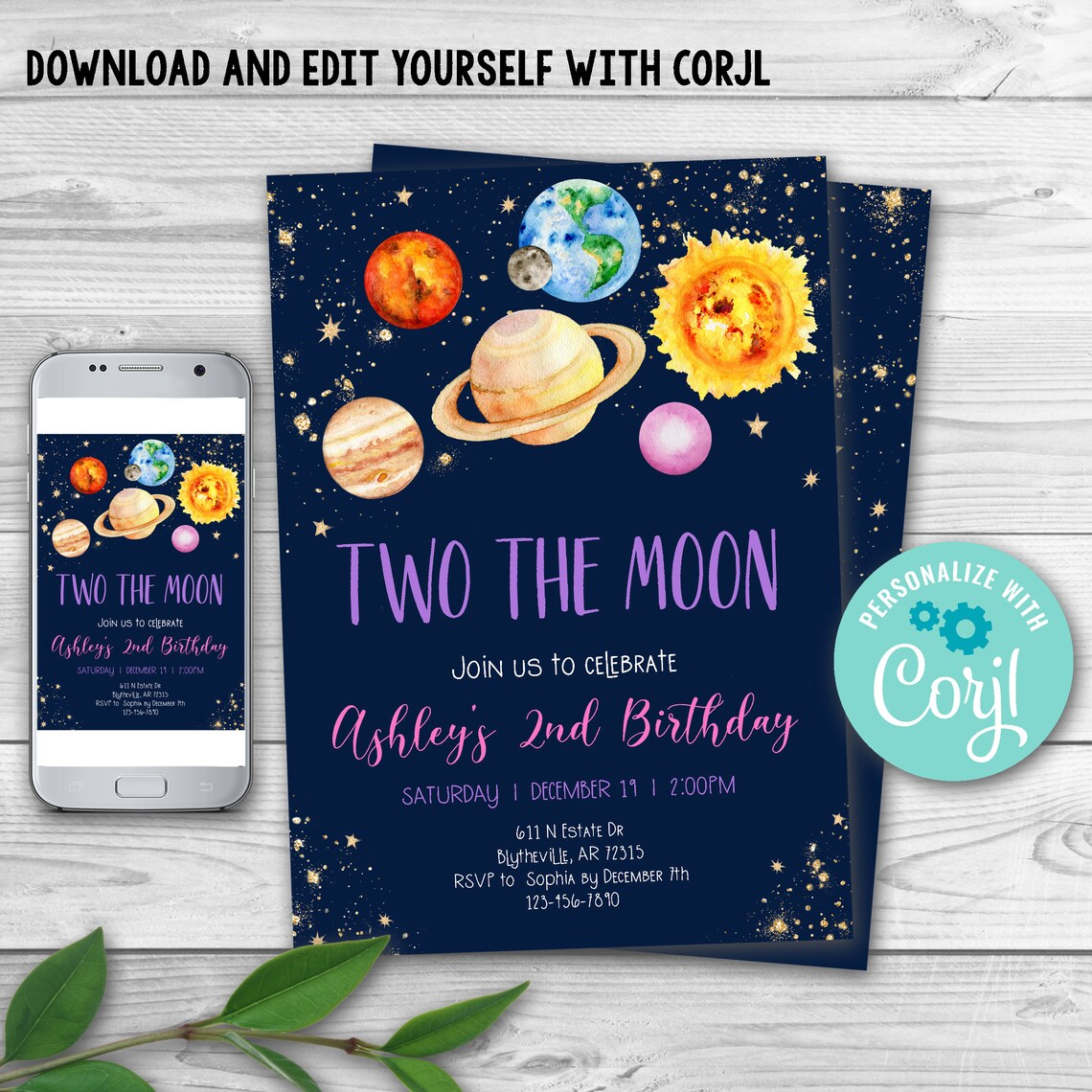 Editable Space Birthday Party Invitation Two the Moon Birthday - Etsy