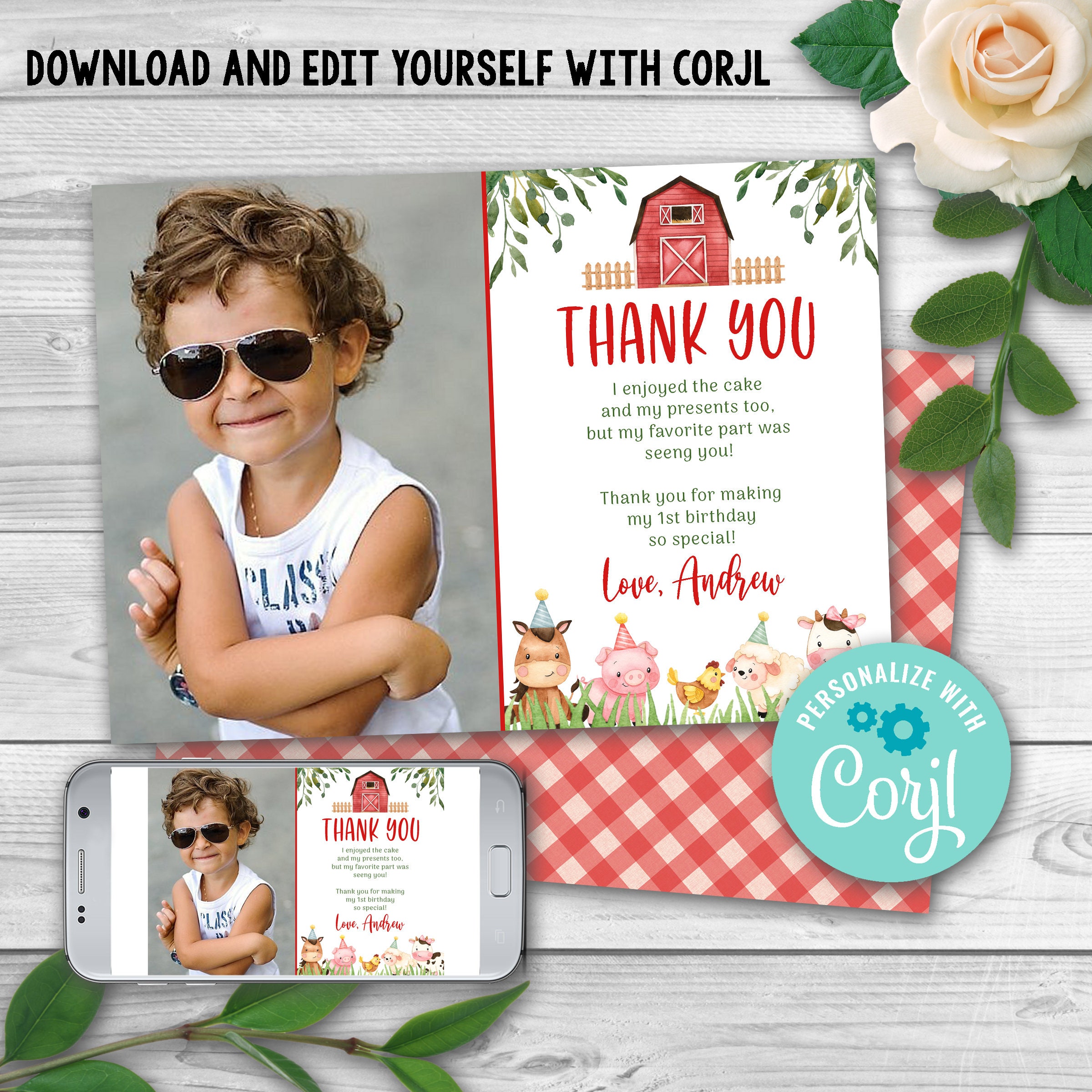 Editable Farm Thank You Card, Red Farm Birthday Party Thank You, Farm ...