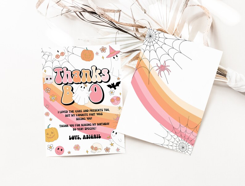 Editable Spooky Halloween Thank You Card Pink Retro Groovy Rainbow ...