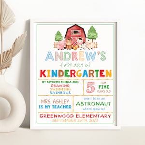 Editable First Day of Kindergarten Sign Farm Animals First Day of ...