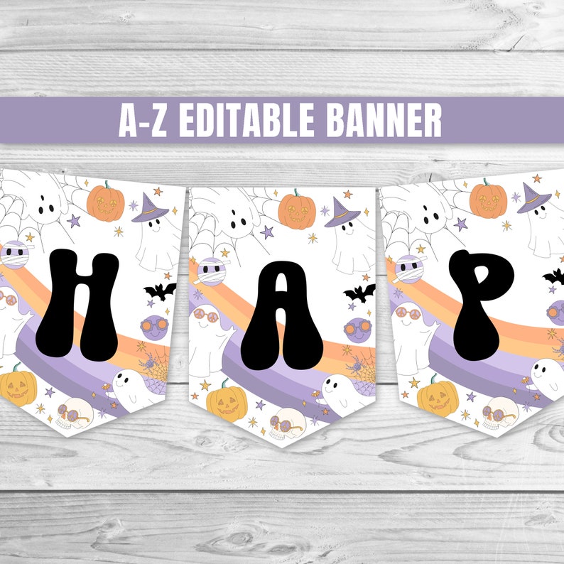 Editable Spooky Halloween Birthday Banner Groovy Rainbow Ghost Birthday ...