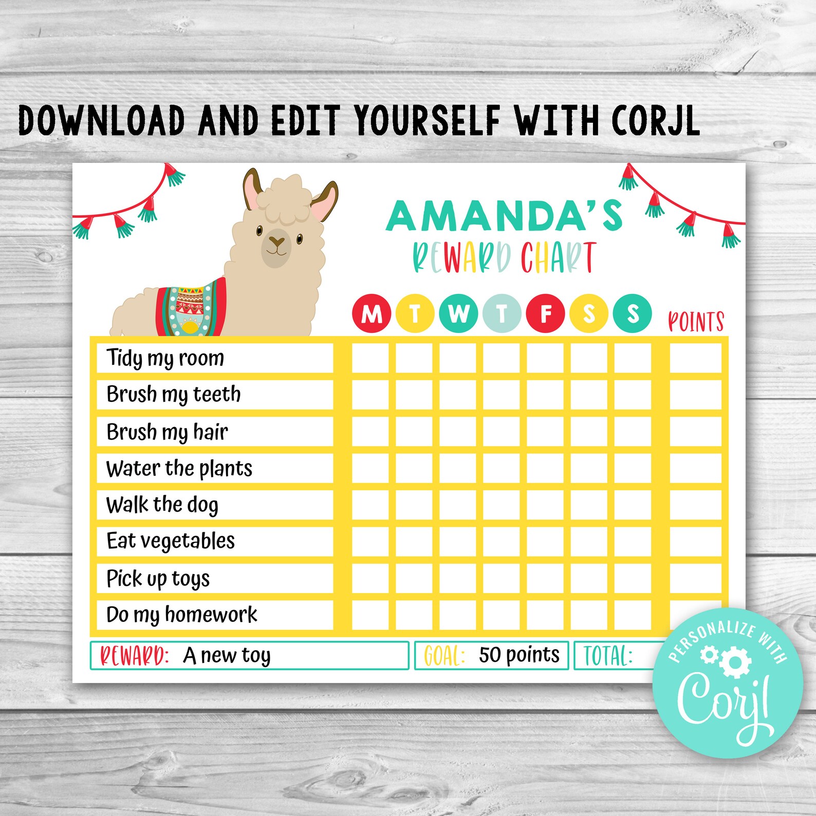 Editable Llama Reward Chart for Kids Llama Routine Chart - Etsy