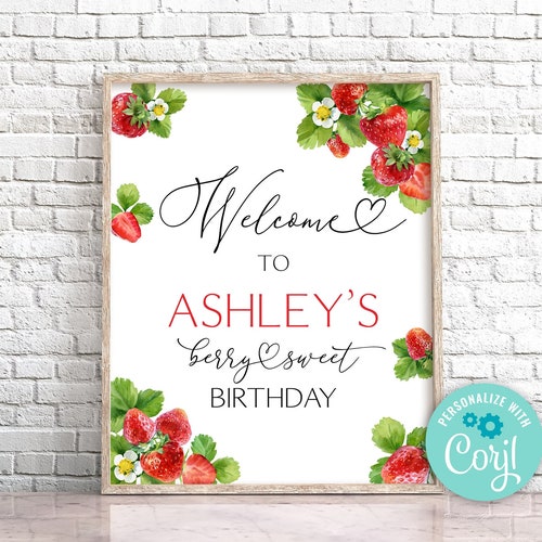 Editable Strawberry Birthday Welcome Sign Berry Sweet Birthday - Etsy