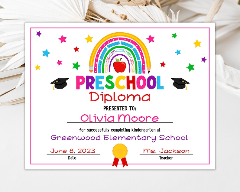 Editable Preschool Diploma Personalized Graduation Certificate School ...