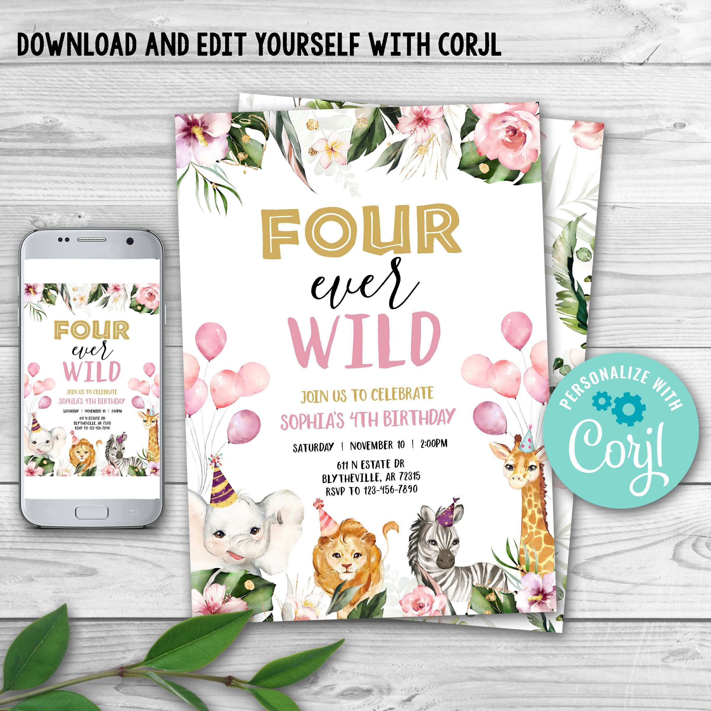 EDITABLE Four Ever Wild Birthday Invitation, Safari Party Invitation ...