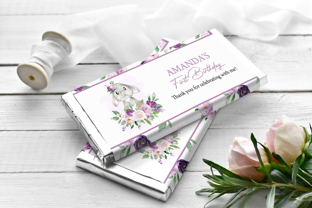 EDITABLE Bunny Chocolate Bar Wrapper Purple Floral Bunny Birthday Candy ...
