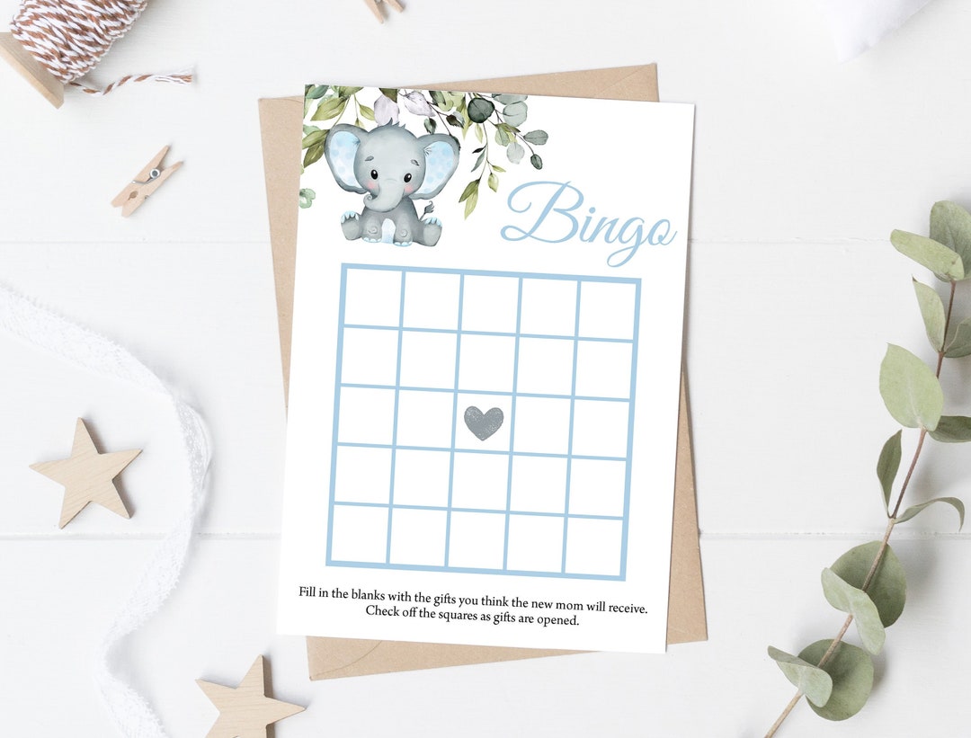 Blue Elephant Baby Bingo Baby Shower Game Greenery Elephant Bingo Baby ...