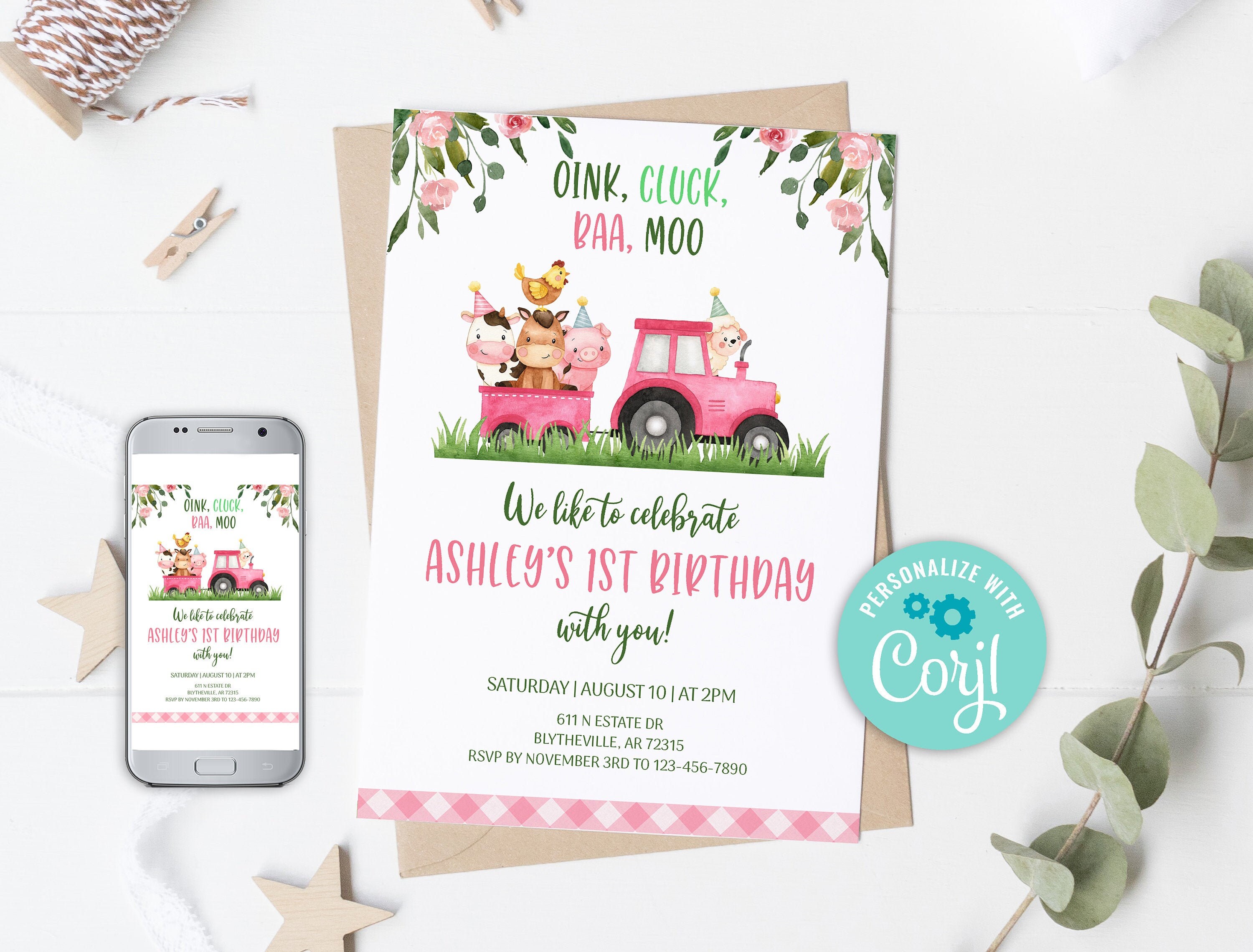 Editable Farm Birthday Invitation. Pink Farm Animals Birthday | Etsy