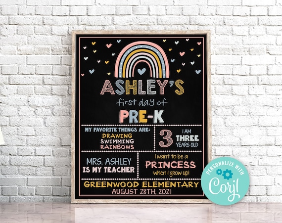 Editable First Day of Pre-k Sign Boho Rainbow First Day of - Etsy