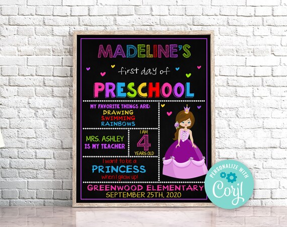 Editable First Day of Preschool Sign Princess First Day of | Etsy