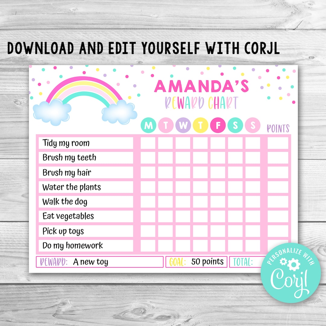 Editable Girl Rainbow Reward Chart for Kids, Rainbow Routine Chart ...