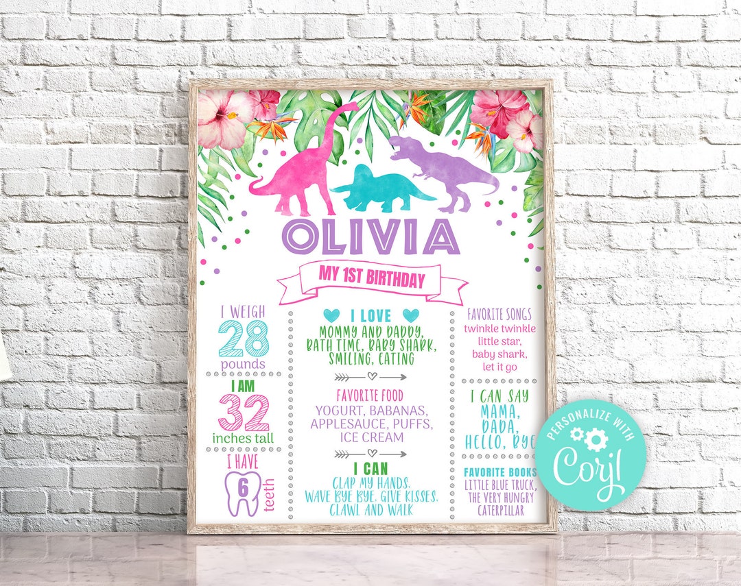 Editable Girl Dinosaur Milestone Birthday Poster, Safari Dino Birthday ...