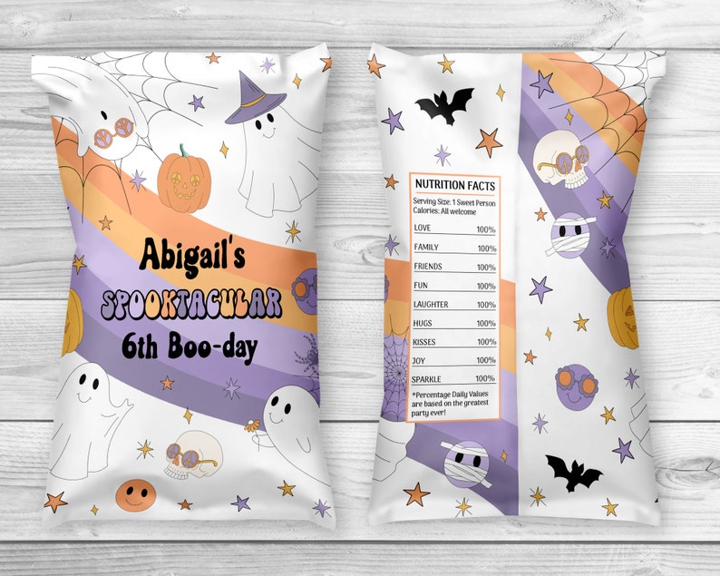 EDITABLE Spooky Halloween Ghost Chip Bag Wrapper Labels Retro Groovy ...