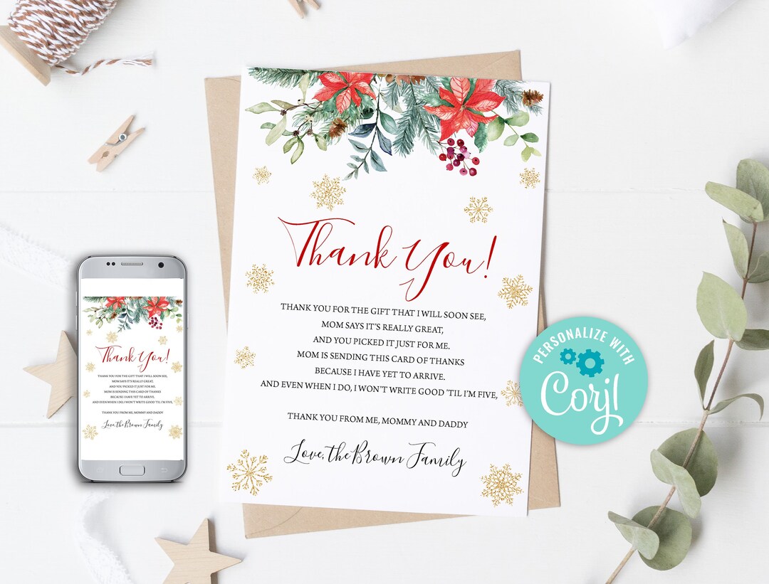 Editable Winter Thank You Card Winter Baby Shower Thank You Christmas ...