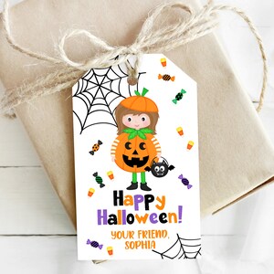 EDITABLE Halloween Treat Tags, Halloween Pumpkin Girl Favor Tags ...