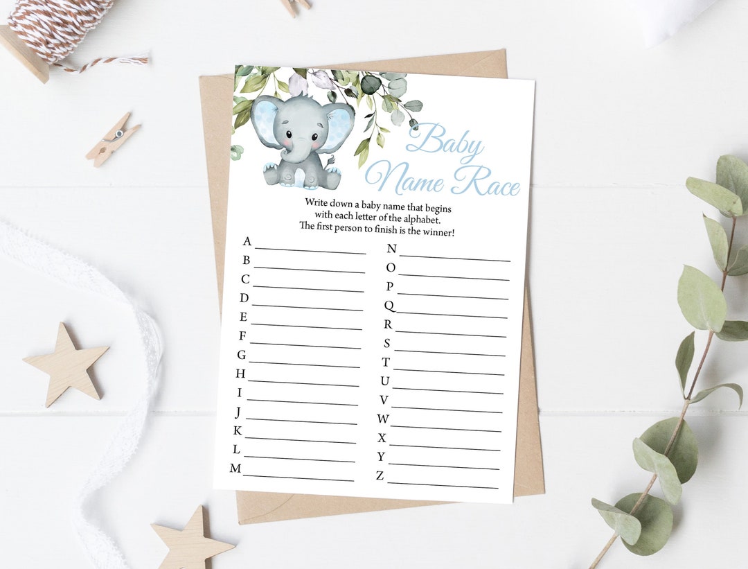 Blue Elephant Baby Name Race Baby Shower Game Boy Elephant Baby Name ...