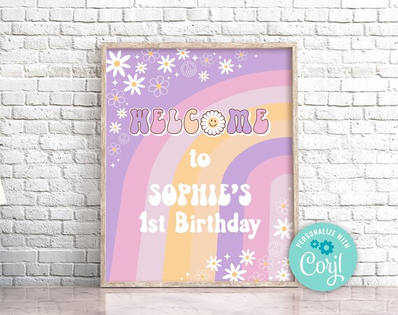 Editable Groovy Birthday Party Welcome Sign Daisy Hippie - Etsy