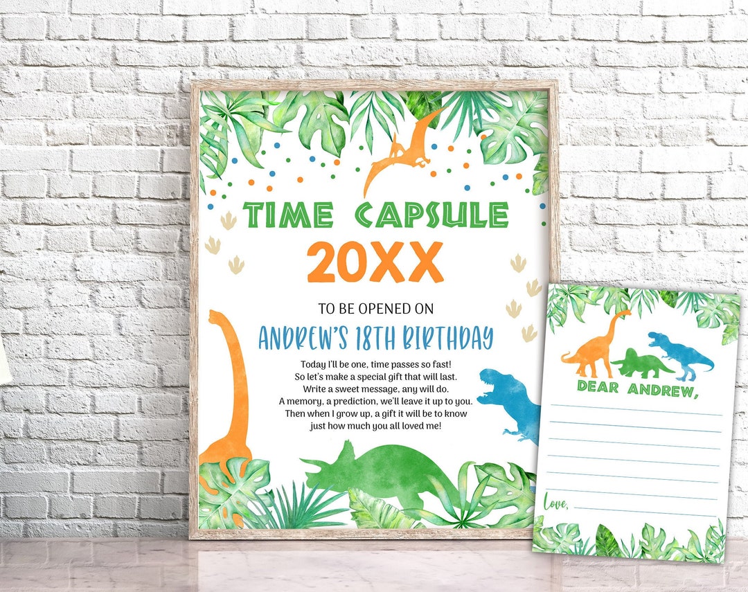 Editable Dinosaur Birthday Time Capsule, Safari T-rex Time Capsule Sign ...