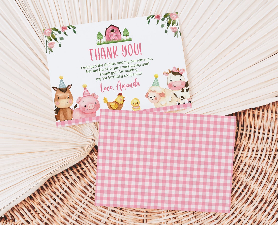 Editable Farm Thank You Card, Pink Farm Birthday Party Thank You, Farm ...
